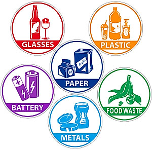 6 Pieces Recycle Sticker Decal for Trash Can, Re-Adjustable Waterproof Bin Labels Paper Metal Plastic Glass Waste Sorting Recycling Sticker Sign for Use at Home and Office