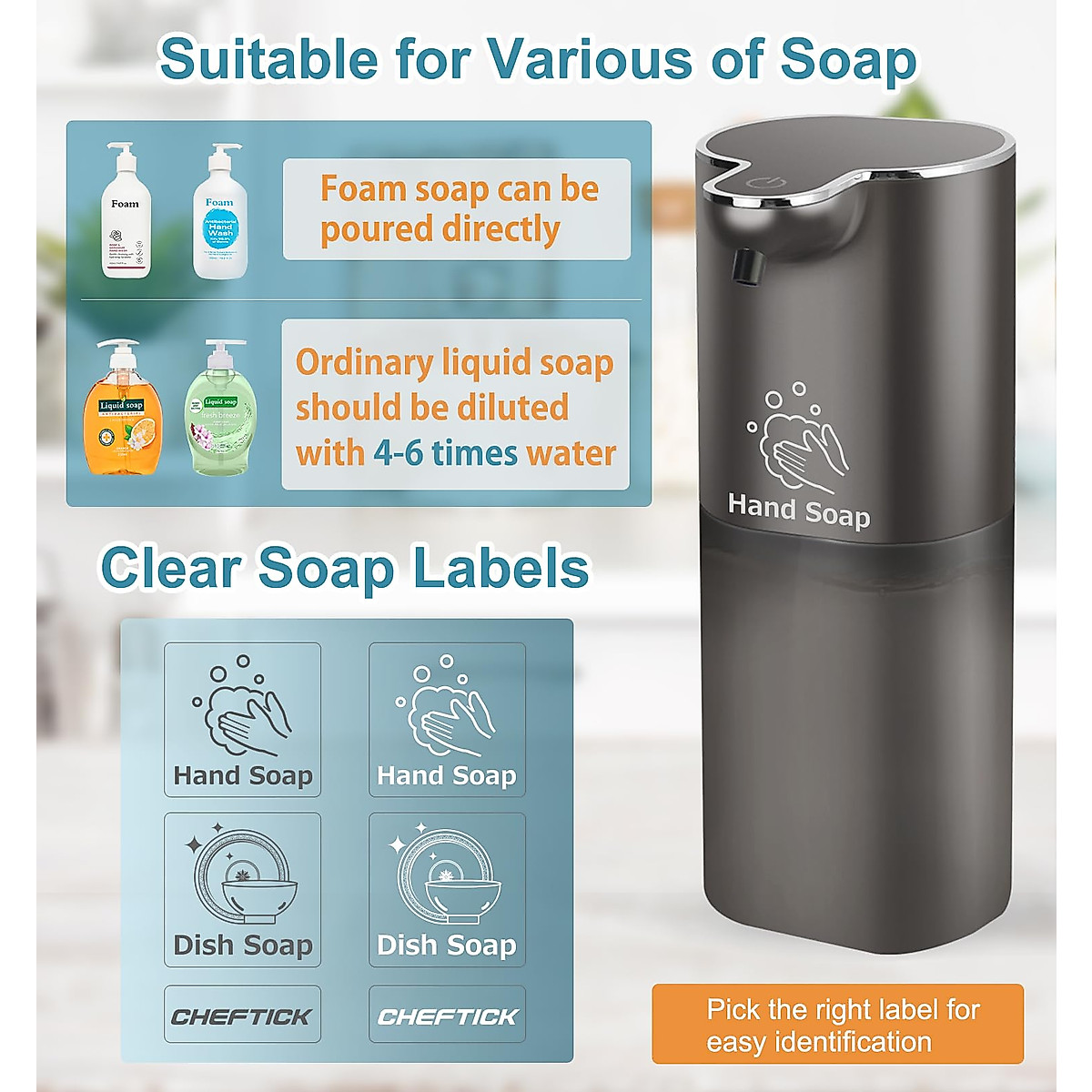 Cheftick Soap Dispenser, Automatic Foaming Soap Dispenser with 4 Adjustable Volume Control, Touchless Rechargeable Hands Free Auto Soap Dispenser for Kitchen, Bathroom, Hotel, Restaurant,13.5oz/ 400ml