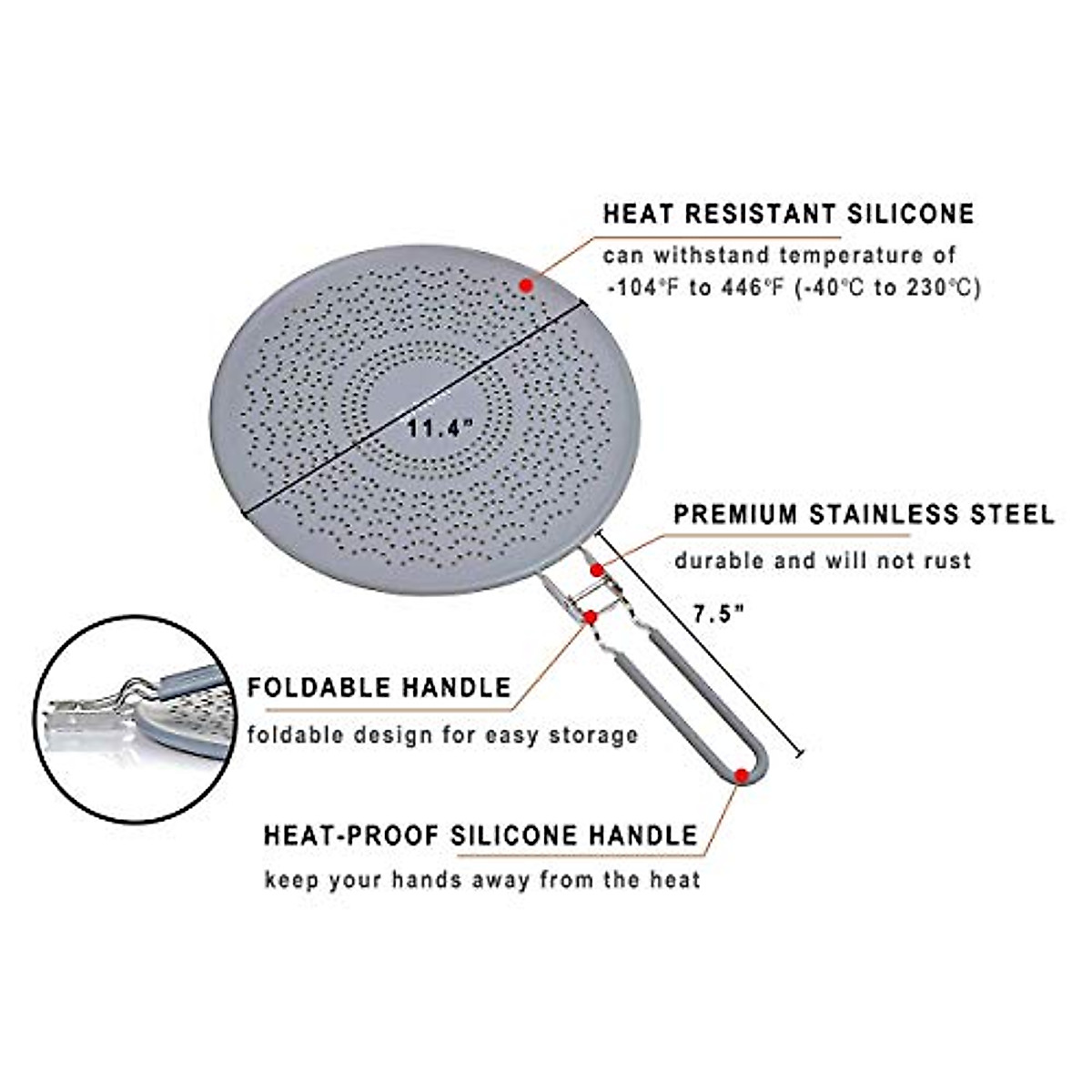 11" Silicone Splatter Screen Pan Cover with Folding Handle, Heat Insulation Cooling Mat, Strainer, Drain Board, Oil Splash Guard for Frying Pan