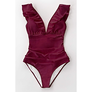 CUPSHE Women's Red Ruffled Lace Up One Piece Swimsuit, L