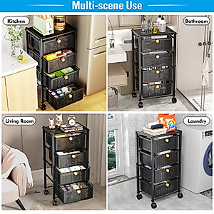 5 Tier Kitchen Rolling Cart with Drawers, Multipurpose Utility Cart, Storage Carts for Kitchen, Rolling Organization Carts with Lockable Wheels & Mesh Basket, Black