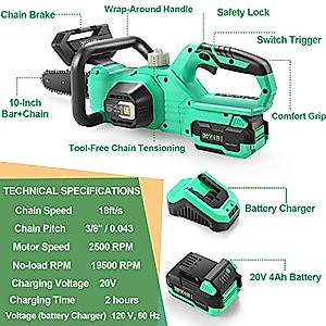 KGK 20V 4.0Ah Cordless Electric Chainsaw, 10 Inch Handheld Battery Powered Chainsaw with Security Lock, Rechargeable Mini Electric Power Chain saws for Trees Wood Farm Garden Ranch Forest Cutting