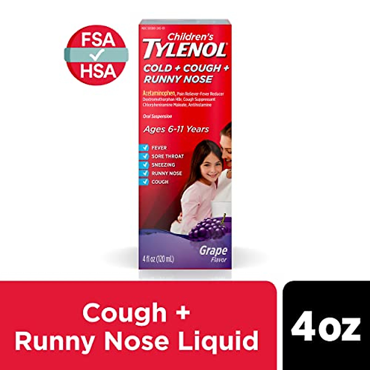 Tylenol Children's Cold + Cough + Runny Nose Oral Suspension, Grape, 4 Fl. Oz