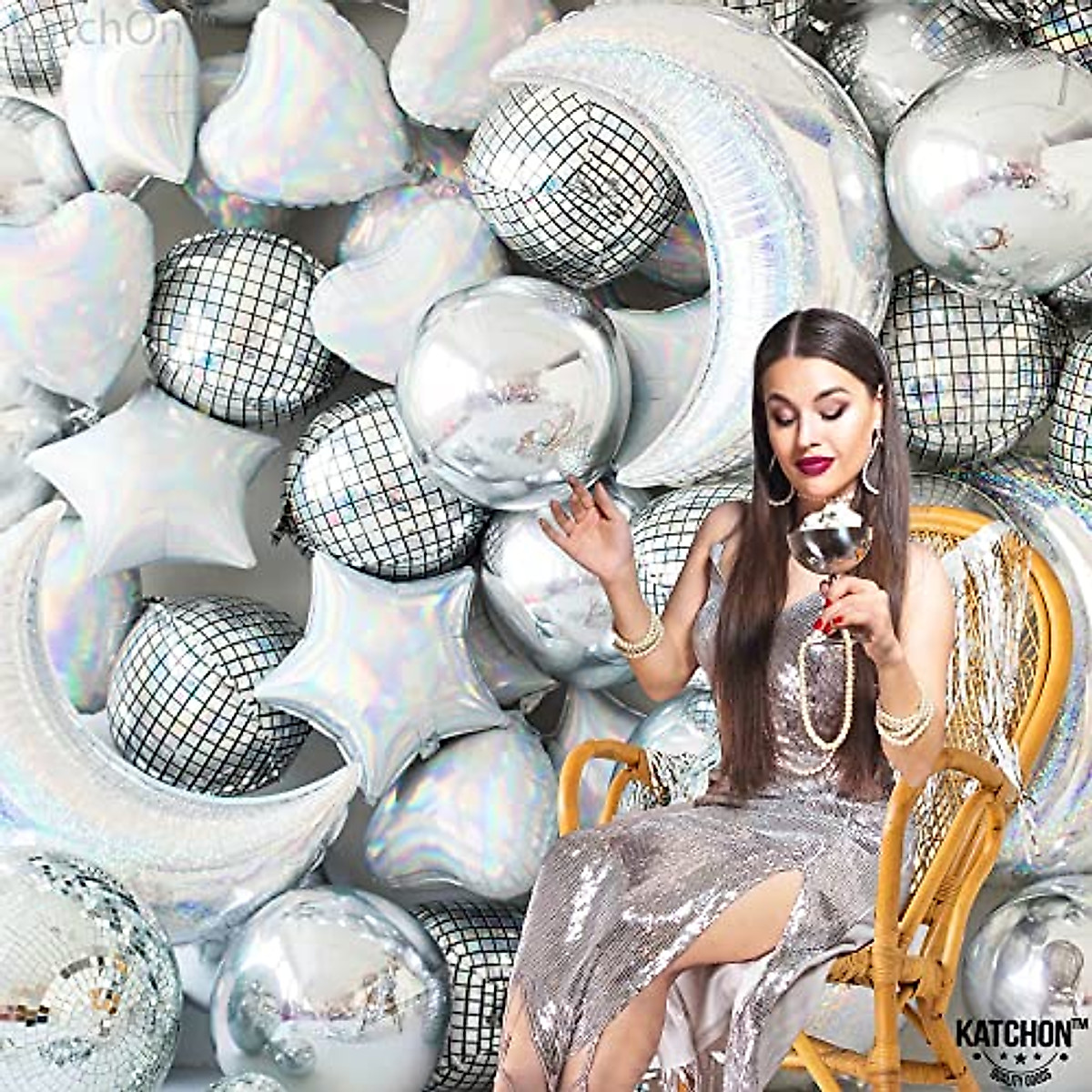 KatchOn, Silver Disco Ball Balloons Decorations - 22 Inch, Pack of 6 | 4D Sphere Disco Balloons for Disco Party Decorations | 70s Party Decorations, Disco Decorations | Mamma Mia Party Decorations