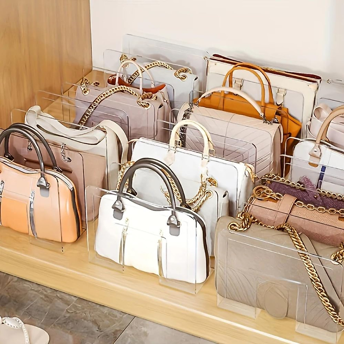 Clear Closet Bag Storage Dividers Rack, Detachable Cupboard Shelf, Acrylic Shelf Dividers, Purse Storage Organizer, Handbag Display Stand, Desk File Sorter Stand Holder Bookshelf