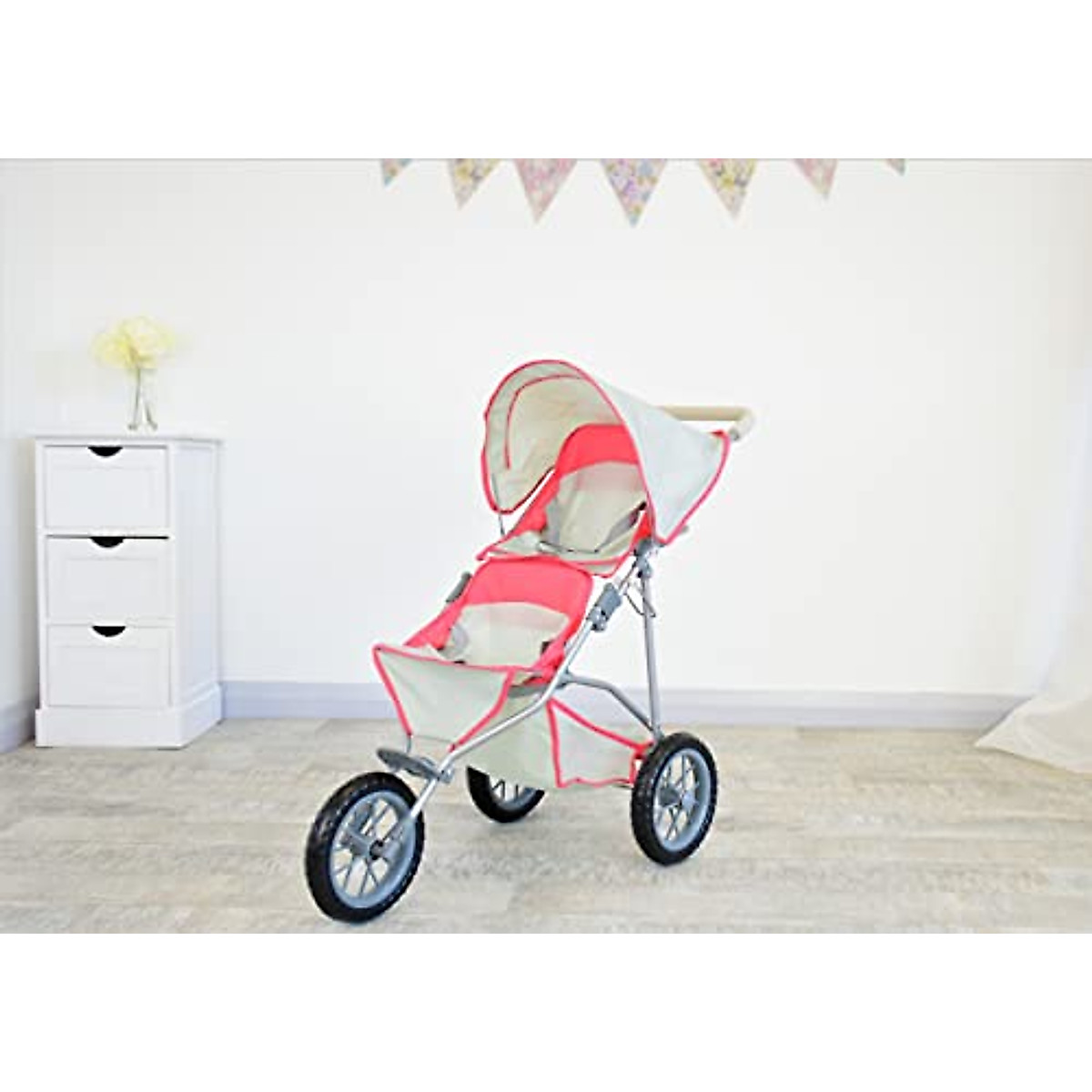 KOOKAMUNGA KIDS Baby Doll Stroller Deluxe Double | Foldable Twin Jog Pram | Retractable Canopy | Premium Pink & Gray Fabric | Soft Grip Handle | Storage Basket Underneath