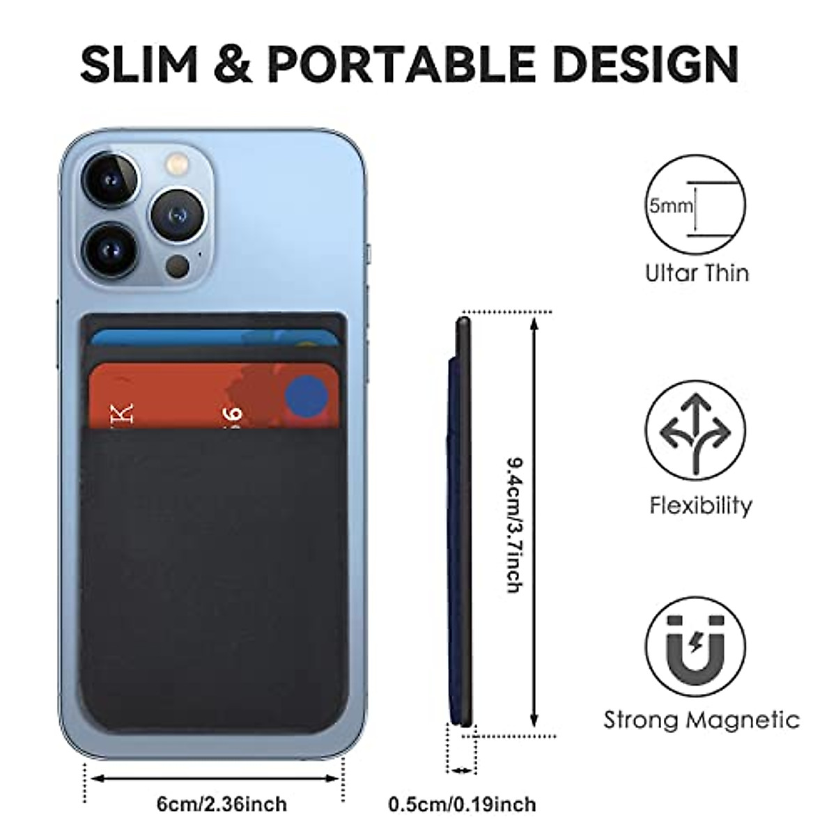 CloudValley Magnetic Card Wallet Designed for iPhone MagSafe, Stretchy Lycra Double Pocket Credit ID Card Holder Case for Back of iPhone 15/14 / 13/12 Series, Mag Safe Accessories - Black