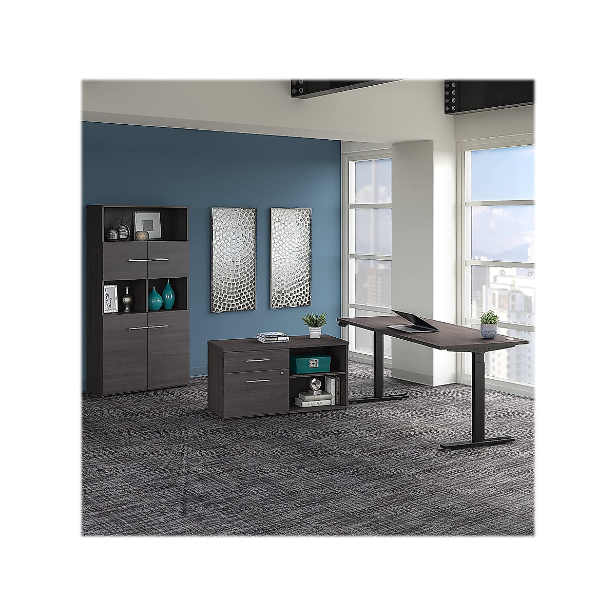Bush Business Furniture Office 500 Height Adjustable Standing Desk with Storage and Bookcase, 72W, Storm Gray