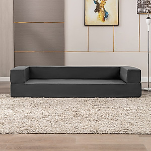 ZAFLY Upholstered Folding Sofa Bed, 80''W Velvet Convertible Sofa Couch with 3 Ottomans, Multifunctional Sleeper Bed for Bedroom/Living Room/Apartment (Dark Grey)