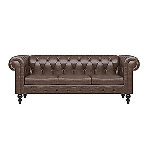 MGH 84'' PU Faux Leather Chesterfield Sofa, Mid-Century 3 Seats Top Grain Living Room Couch, Deep Button Tufted Modern Sofas Couches with Rolled Arm Settee for Bedroom, Brown (110PU)
