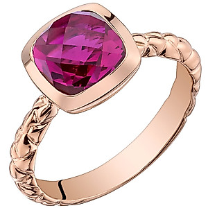 PEORA Created Ruby Solitaire Ring for Women 14K Rose Gold, 2.50 Carats Cushion Cut 7mm, Comfort Fit, Size 6