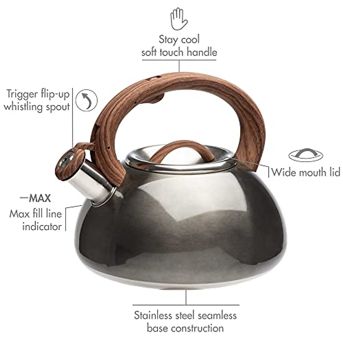 Primula Avalon Whistling Stovetop Tea Kettle, Food Grade Stainless Steel Wide Mouth, Fast to Boil, Cool Touch Handle, 2.5-Quart, Gunmetal Grey and Wood-Look