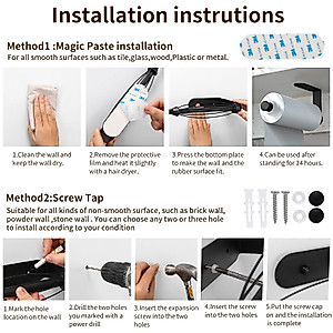 TNXSYBJ Under Cabinet Paper Towel Holder with 2 Adhesive Towel Hooks, Stainless Steel Black Paper Towel Holder Wall Mount, One Hand Operable paper towel holder With Damping Effect For Bathroom Kitchen