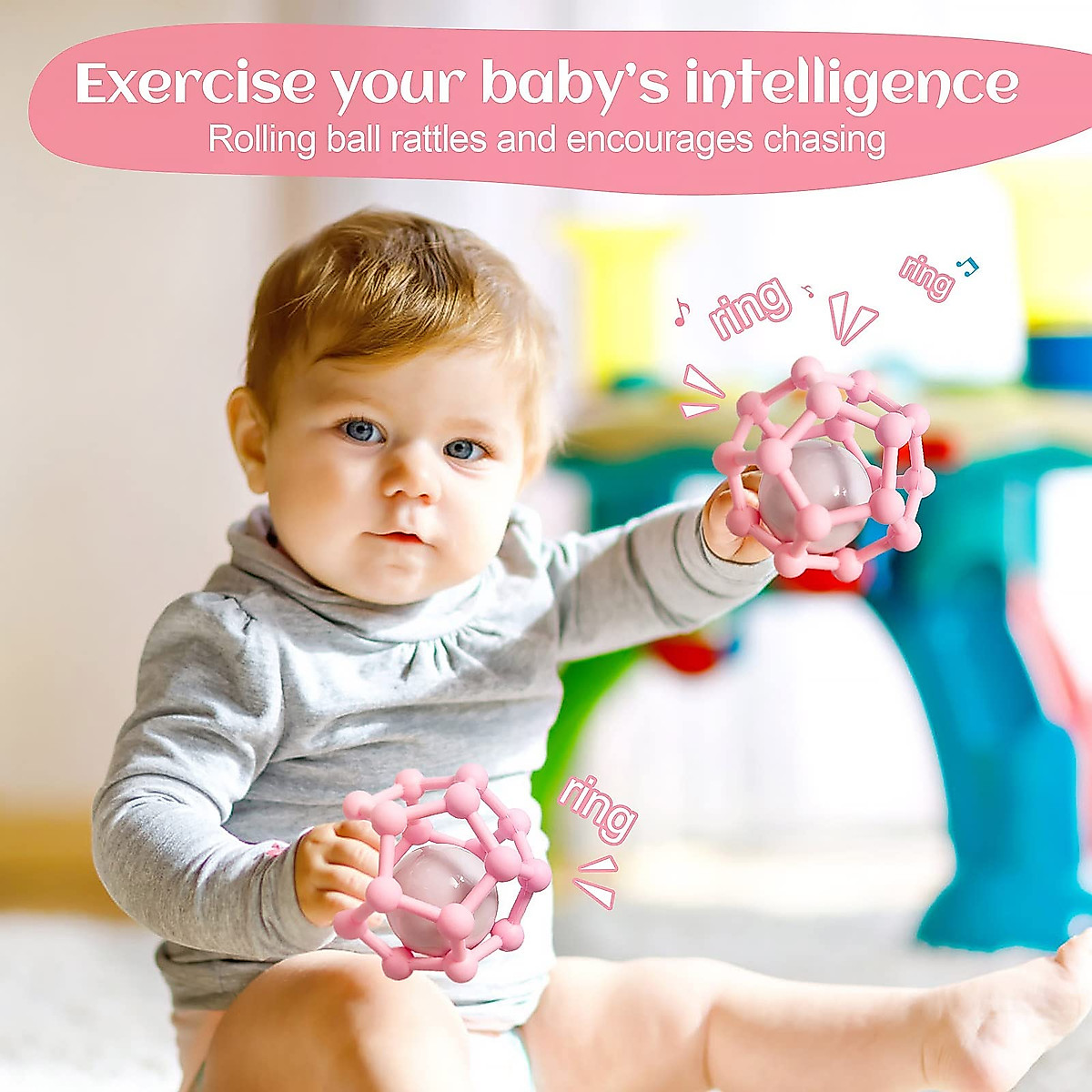 Baby Teethers Toys Silicone Soft Ball Easy to Hold Teether for Sensory Ball Exploration & Teething Stress Relief Molar Ball Soothing Teether Toy Baby Ball for Ages 0 Months+,(Rattle Teether Ball-Pink)