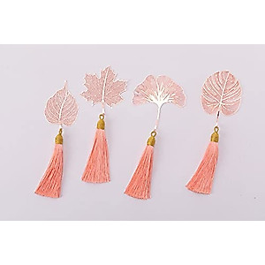 4 Metal Bookmarks with Tassels. Four Different Leaf Shapes, Representing The Four Seasons of Nature, Rose Gold, 2.56Wx2.56L