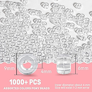 Sukh 1000+ Pcs Clear Pony Beads - Plastic Bracelet Beads 6x9mm Crystal White Pony Beads for Bracelets Making Hair Beads for Braids DIY Crafts Key Chai Jewelry Making Home Decor Pony Beads Bulk