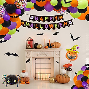 Halloween Party Decorations Happy Halloween Banner Foil Balloon Fringe Curtain Cake Topper Spider Web and 3D Bat, Halloween Party Favors Supplies