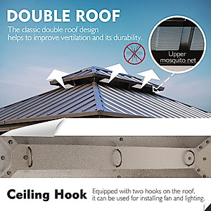 Kozyard 10'x12' Hardtop Gazebo - Permanent Metal Pavilion with Netting and Shaded Curtains for Patio, Backyard, and Deck - Galvanized Steel Outdoor Aluminum Canopy, Double Roof Gazebo (Brown)