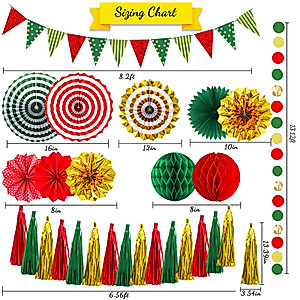Red Green Gold Party Decoration Hanging Paper Fans, Pom Poms Flowers, Honeycomb Ball, Garlands String Polka Dot,Tassel Garland and Triangle Flags for Graduation, Birthday, Wedding, Baby Bridal Shower