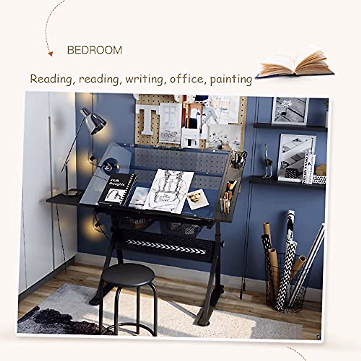 EESHHA Drawing Table Adjustable Glass Drafting Table,Versatile Art Study Table,with Storage Drawers,Art Studio Design Sketching Painting Work Station