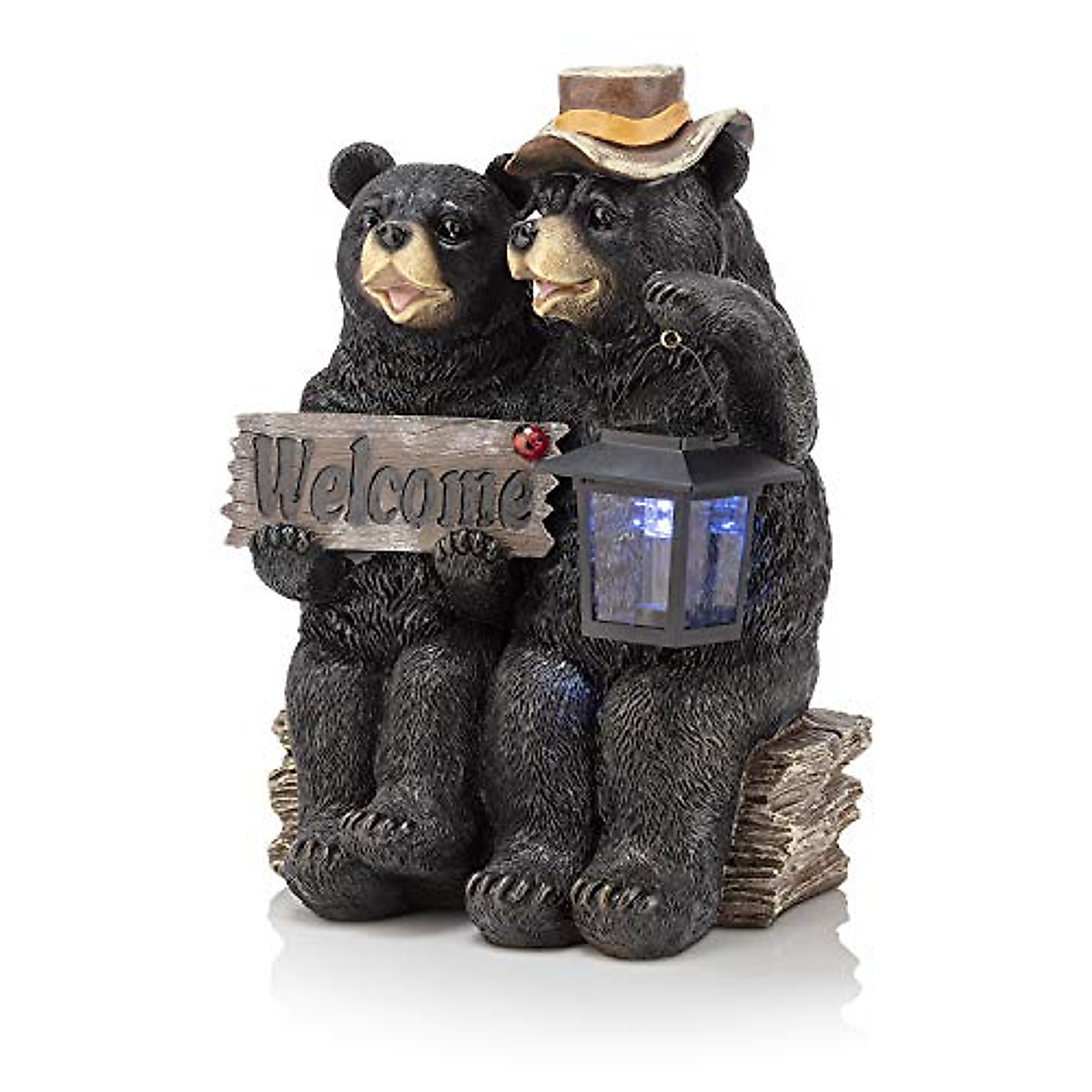 Alpine Corporation 15" Tall Outdoor Bear Couple with Lantern and Welcome Sign Statue with Solar LED Light Yard Art Decoration