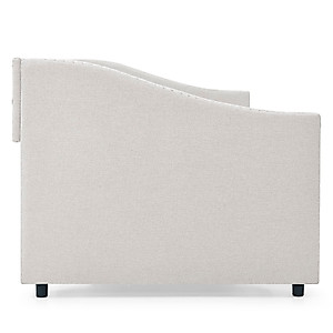 OMGO Upholstered Full Size Daybed with Two Storage Trundle Drawers, Solid Wooden Sofa Bed Frame w/Button Tufted Backrest, No Box Spring Needed, for Kids, Bedroom, Dorm