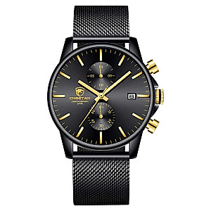GOLDEN HOUR Men’s Watch Fashion Sport Quartz Analog Mesh Stainless Steel Waterproof Chronograph Watches, Auto Date in Gold Hands, Color: Black