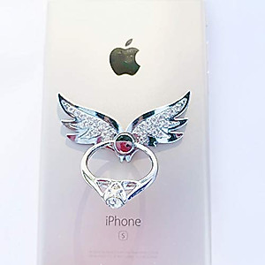 Universal 360 Degree Rotating Finger Ring Stand Holder Kickstand for Cell Phone iPhone Tablet iPad - Crystal Angel Wings (Silver)