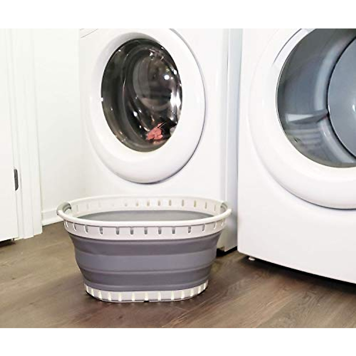 SAMMART 25L (6.6 gallon) Collapsible Plastic Laundry Basket - Foldable Pop Up Storage Container/Organizer - Portable Shopping Basket - Space Saving Hamper (Oval set of 2, Dark Grey)