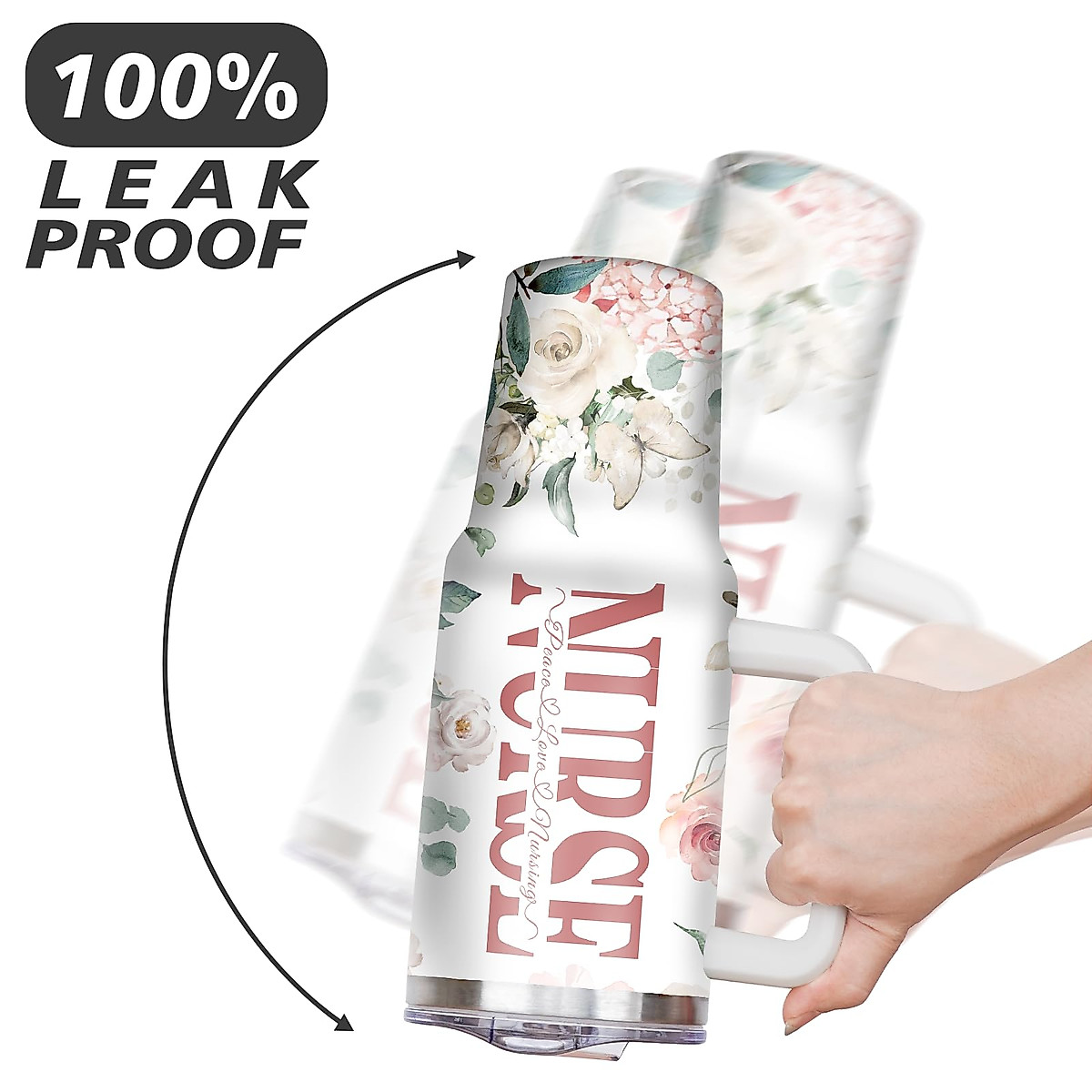 qoepfnsh Nurse Tumbler Pink Floarl 40 oz Tumbler with Handle Nurse Travel Coffee Mug Cup Stainless Steel Insulated 40oz Tumblers with Lid and Straw Nurse Gifts for Women