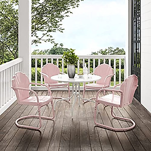 Crosley Furniture Tulip 5-Piece Outdoor Dining Set for 4, Retro Metal Round Patio Table and Chairs for Deck, Pastel Pink Gloss