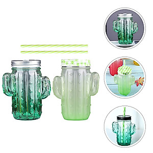 SEWACC 2 Sets Cactus Drinking Glasses Plant Shape Glass Straw Cup Creative Cute Shot Glasses Water Cups Iced Coffee Cup Wide Mouth Bubble Cups for Cocktail Beverage 400ML