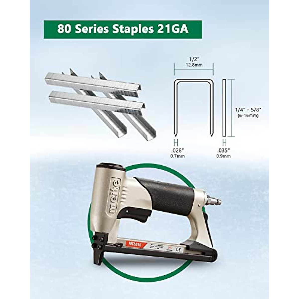 meite MT8016 Pneumatic Upholstery Stapler 21 Gauge 1/2" Crown 1/4" to 5/8" Length Industrial Fine Wire Stapler
