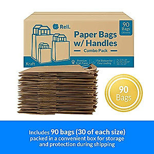 Reli. 90 Pack | Assorted Sizes Kraft Paper Bags w/ Handles | 7x3.15x8" - 8x4.5x10.25" - 10x5x13" | 30 Bags Each Size | Paper Bags Combo Pack | Retail Bags/Shopping Bags, Gift Bags