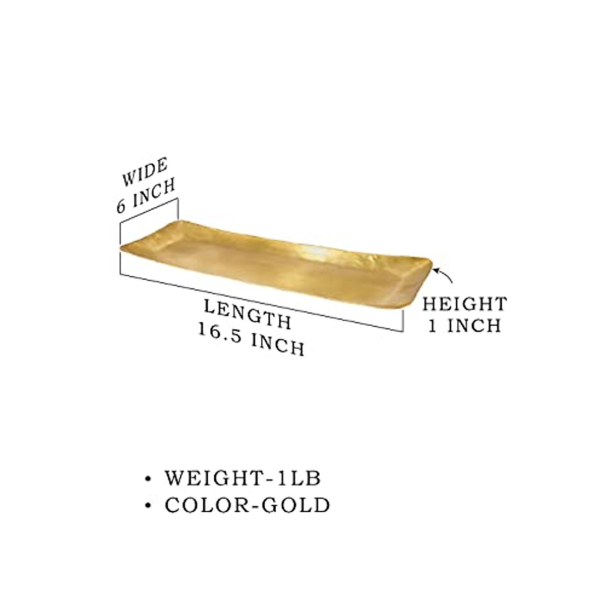 Serene Spaces Living Gold Rectangle Brass Tray, Decorative Vanity Tray, Cosmetic & Jewelry Organizer, Serving Platter, Fruit Holder, Candle Holder for Coffee Table, 16.5" Long X 6" Wide X 1" High