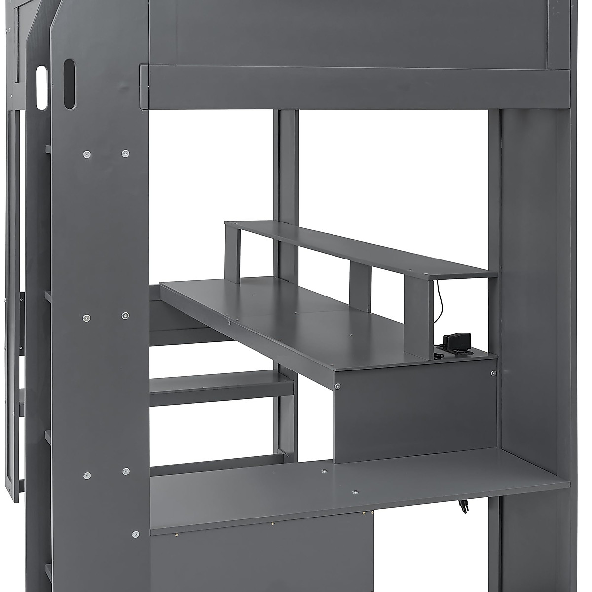 Polibi Twin Size Gaming Loft Bed with Desk, LED and Charging Station, Wood Loft Bed Frame with Multi-Storage Shelves, Dark Gray