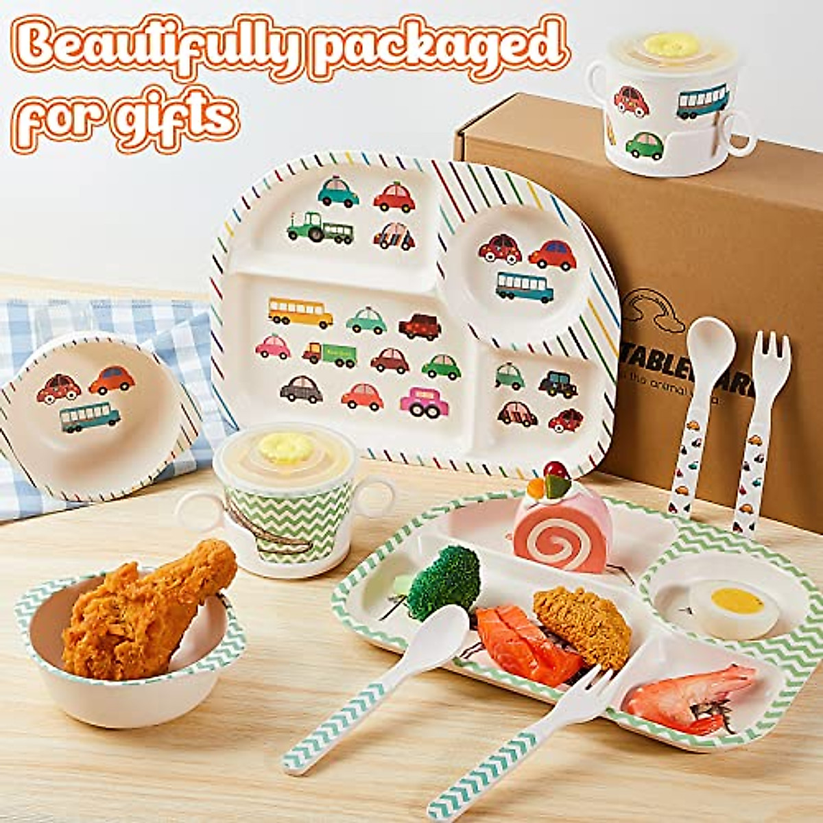 Roshtia 10 Pcs Cartoon Bamboo Kids Dinnerware Set Dinosaur Car Plate and Bowl Set Dishwasher Safe Kids Dish Set Toddler Plates and Utensils Set Car Dinosaur Forks and Spoons for Kids with Cup