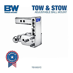 B&W Trailer Hitches Chrome Tow & Stow Adjustable Trailer Hitch Ball Mount - Fits 2" Receiver, Dual Ball (2" x 2-5/16"), 5" Drop, 10,000 GTW - TS10037C