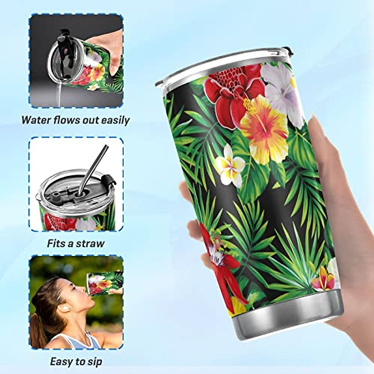 ALAZA Tumbler Tropical Flower Stainless Steel Vacuum Insulated Coffee Water Bottle with Lid and Straw Double Walled Travel Mug 20oz for Hot & Cold Drinks