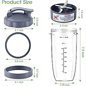 7 Pieces nutribullet Blender Cups & Blade Replacement Set 32oz Huge Cup with 1 Flip-Top To-Go Lid and 1 Lid Ring & Premium Extractor Blade with Compatible with NutriBullet 600w/900w Blender