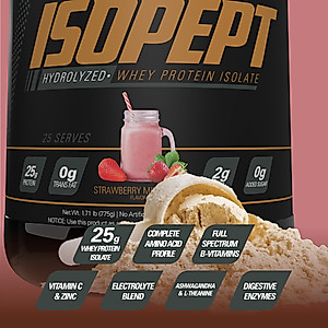 IsoPept Hydrolyzed Whey Protein Powder by EHPlabs - 100% Whey Protein Isolate & Hydrolysate, 27g of Protein, Non-GMO, Gluten Free, Fast Absorbing, Easy Digesting, 27 Serves (Strawberry Milkshake)