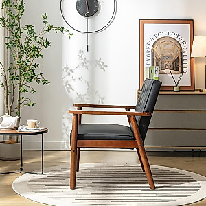 JIASTING Mid-Century Retro Modern Solid Wood Armrest Accent Chair, Faux Leather Tufted Back Upholstered Lounge Chairs, Living Room Furniture (Black 8325)