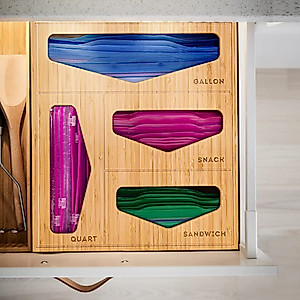 Bamboo Ziplock Bag Organizer 4 in 1 Food Storage Bag organizer Holder Box Compatible Gallon Quart Snack Slider Plastic Sandwich Bag Dispenser for Drawer Cupboard Hanging on Wall Baggie Container