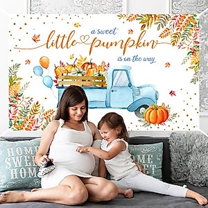MEHOFOND Little Pumpkin Baby Shower Party Decorations Backdrop Autumn Fall Baby Shower Banner A Sweet Little Pumpkin is On The Way Blue Truck Maple Leaves Baby Shower Party Decor Supplies (72x44Inch)