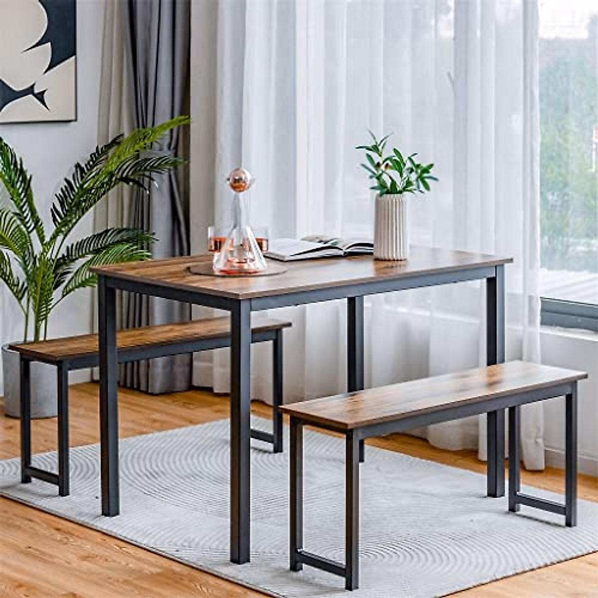 YEBDD 3 Piece Dining Table Bench Set with Wooden Top and Metal Frame Furniture Set