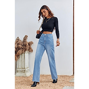 PLNOTME Women's High Waisted Wide Leg Jeans Baggy Boyfriend Straight Casual Denim Pants Light Blue