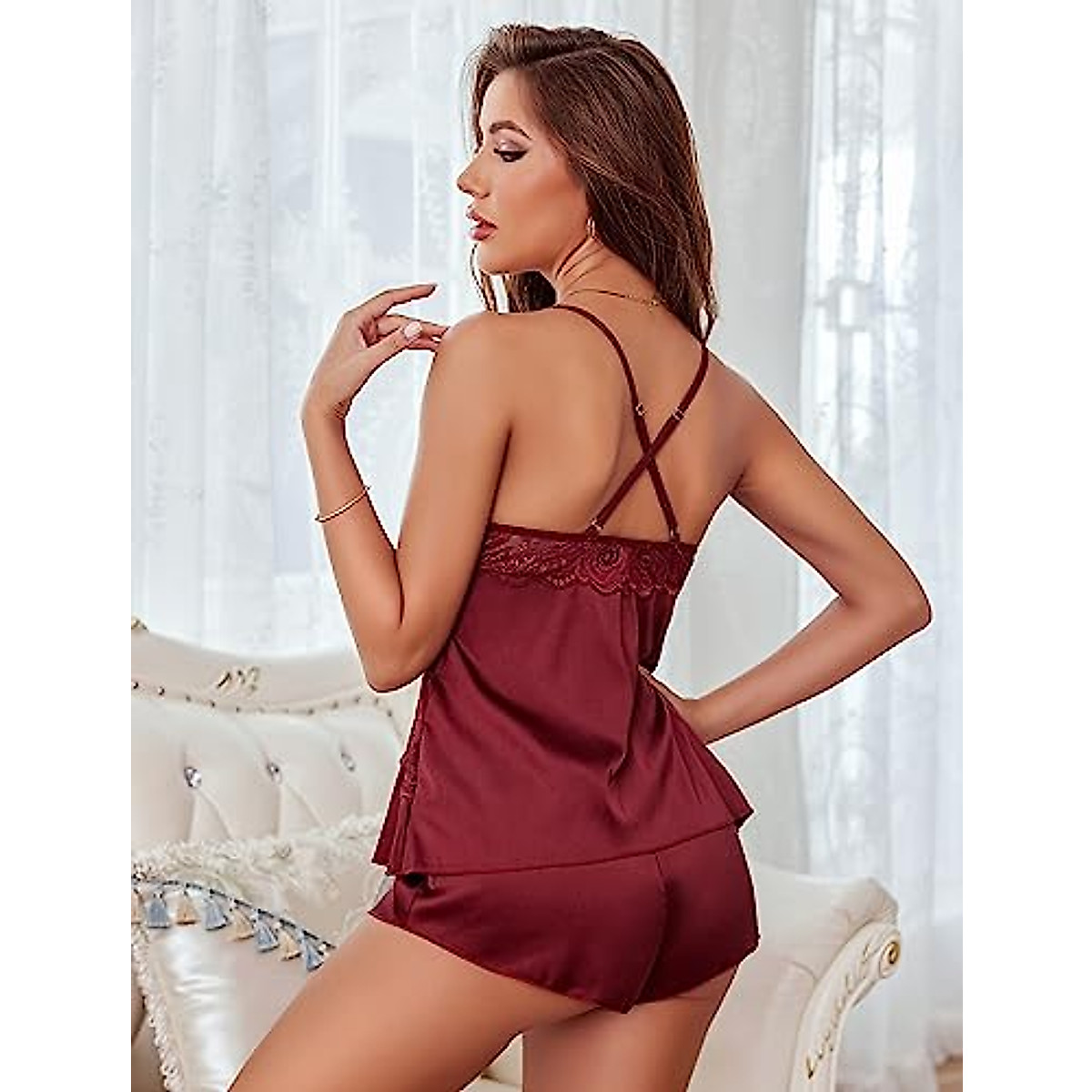 Avidlove Satin Pajamas Set Women Lace Sleepwear Lingerie Cami Shorts Set Nightwear Dark Red