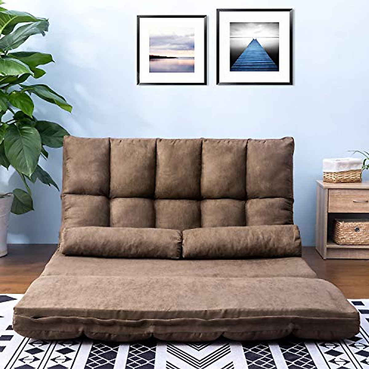 Double Chaise Lounge Sofa, Floor Sofa Bed Adjustable Sleeper Bed Futon Bed Sofa Couches 5-Position Reclining Sofa Lazy Sofa with Two Pillows (Brown)