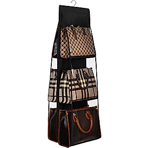 3 Layers Storage Bag for 6 Pockets Hanging Purse Handbag Organizer Clear Hanging Shelf Bag, Hanging Wardrobe Closet, Space Saving Organizers, Gift for Family (Black)