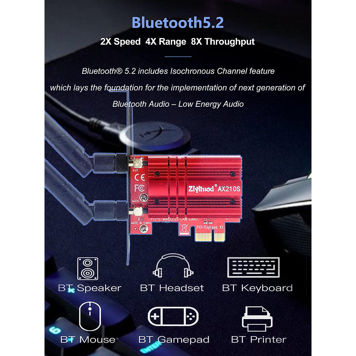 WiFi Card 5400Mbps PCIe WiFi 6E Card, Bluetooth 5.2, Intel WiFi 6E AX210 Chip, Tri-Bands(6GHz/5GHz/2.4GHz) Wireless WiFi 6 Card for PC, Support Windows 11/10(64Bit)